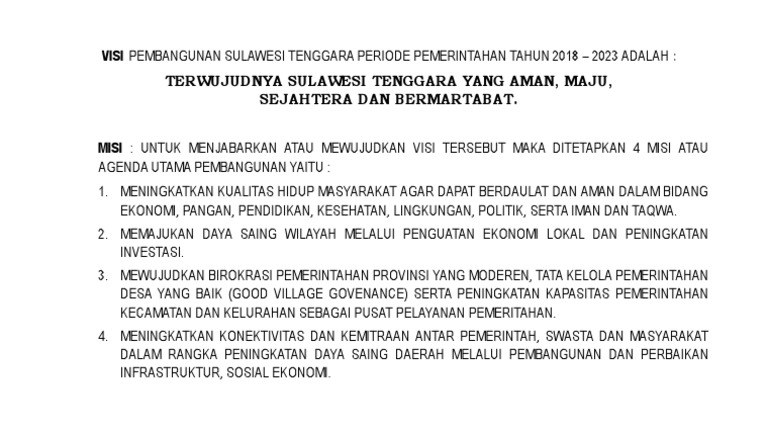 Visi Dan Misi RPJMD Prov. Sultra Tahun 2018-2023 | PDF