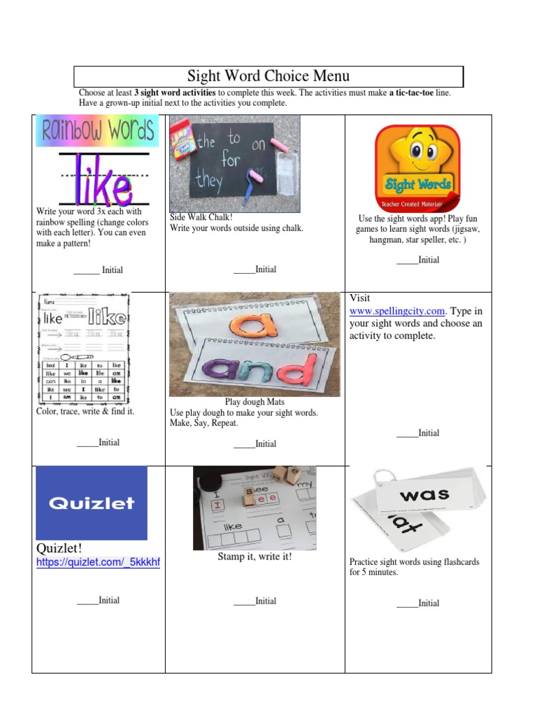 Sight Word Menu | PDF