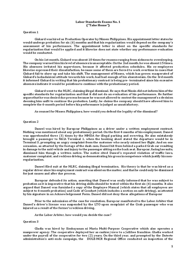 Labor Law Quiz 1 | PDF | Employment | Probation