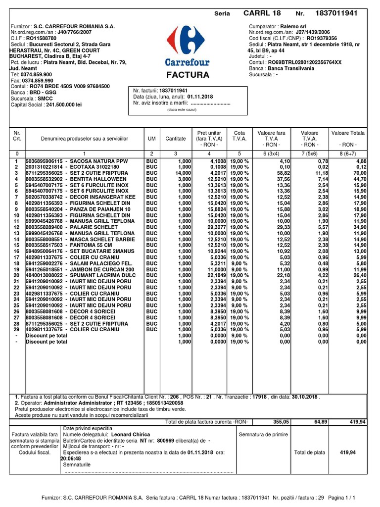Factura Carrefour NR 1837011941 PDF | PDF
