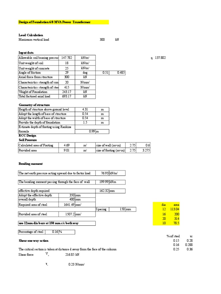 Design of Foundation 6/8 MVA Power Transformer | PDF | Shear Stress ...