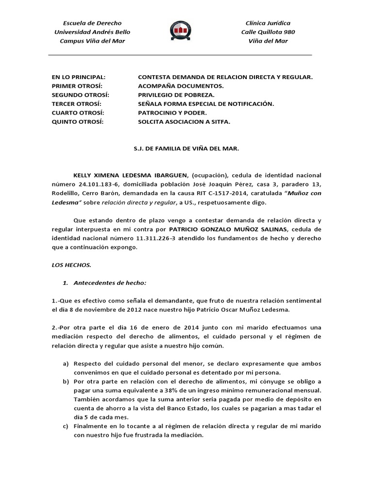 Contestacion Demanda de Relacion Directa y Regular | PDF | Demanda ...