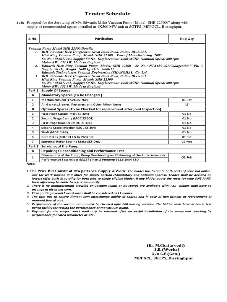 Tender Schedule and Sow 9288 | PDF | Pump | Vacuum