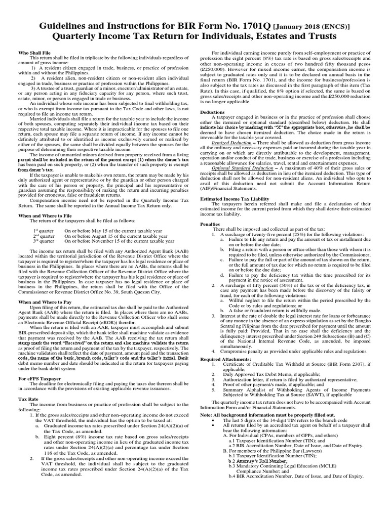 Guidelines and Instructions For BIR Form No. 1701Q Quarterly Income Tax ...