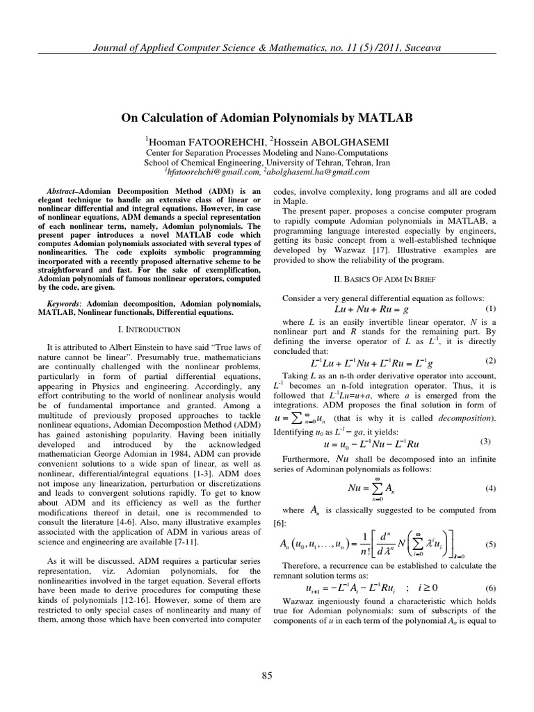 On Calculation of Adomian Polynomials by MATLAB PDF | PDF | Teaching Methods & Materials