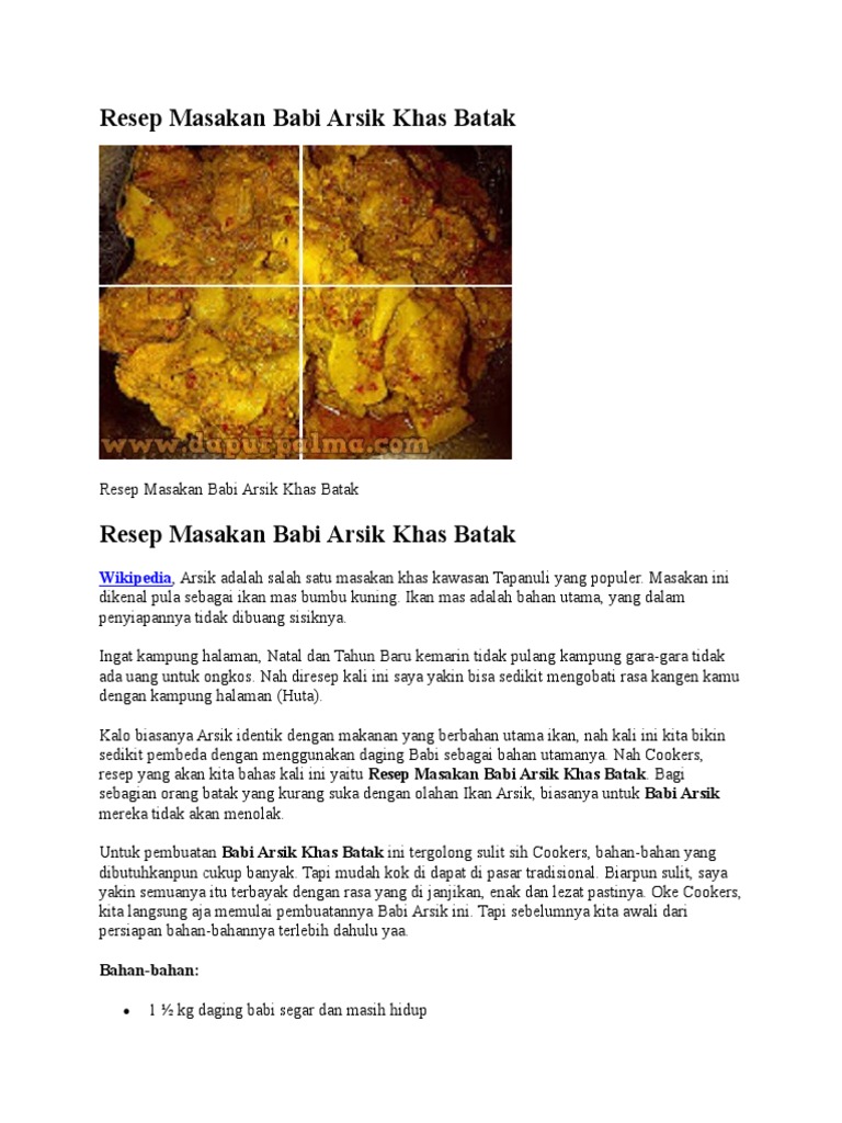 Resep Masakan Babi Arsik Khas Batak | PDF