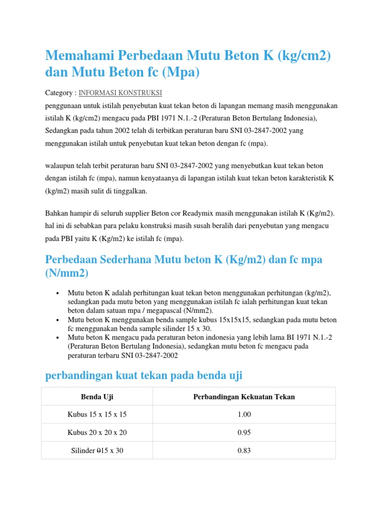 Perbedaan Mutu Beton K dan fc | PDF