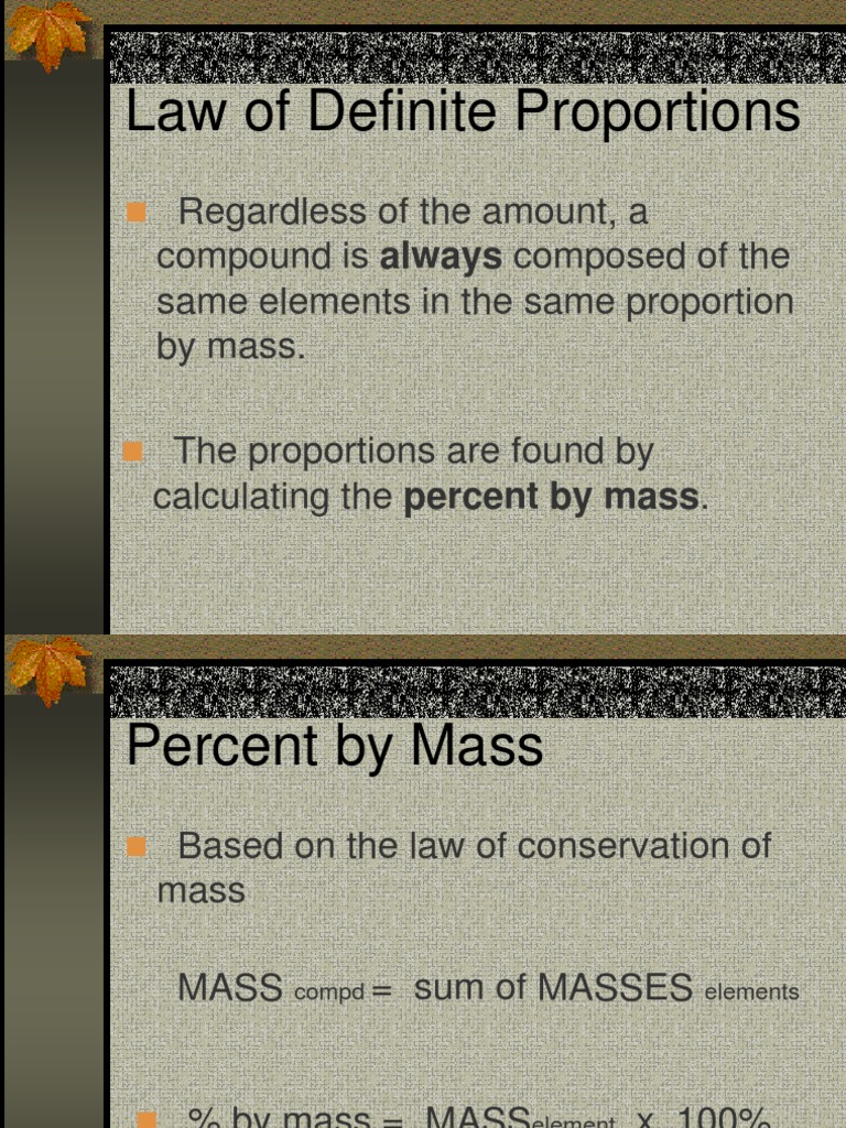 CH 3.4 Law of Definite Proportions 11-12 | PDF | Hydrogen | Chemical ...