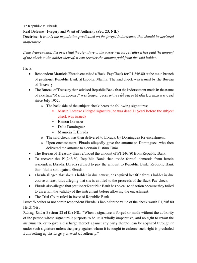 32 Republic vs. Ebrada | PDF | Negotiable Instrument | Forgery