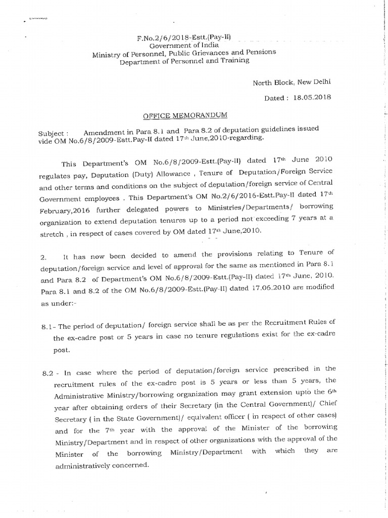 DoPT Order Amendment in Deputation Guidelines | PDF