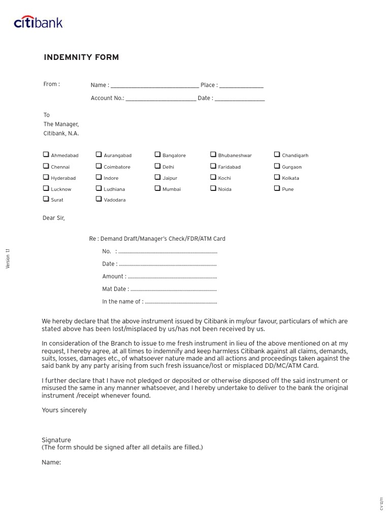 Indemnity Form | PDF | Indemnity | Banking