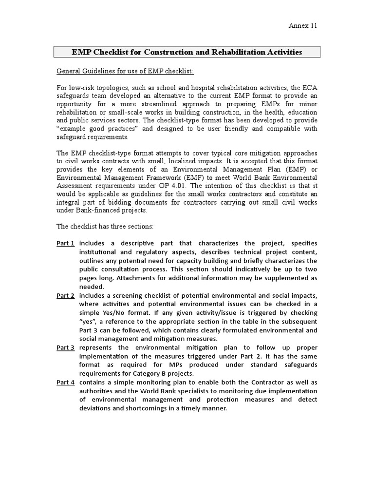 EMP Checklist For Construction and Rehabilitation Activities | PDF ...