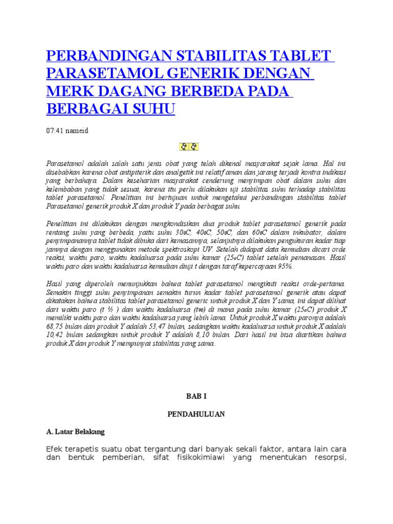 Stabilitas Tablet Parasetamol Generik Dengan Merk Dagang Berbeda Pada ...
