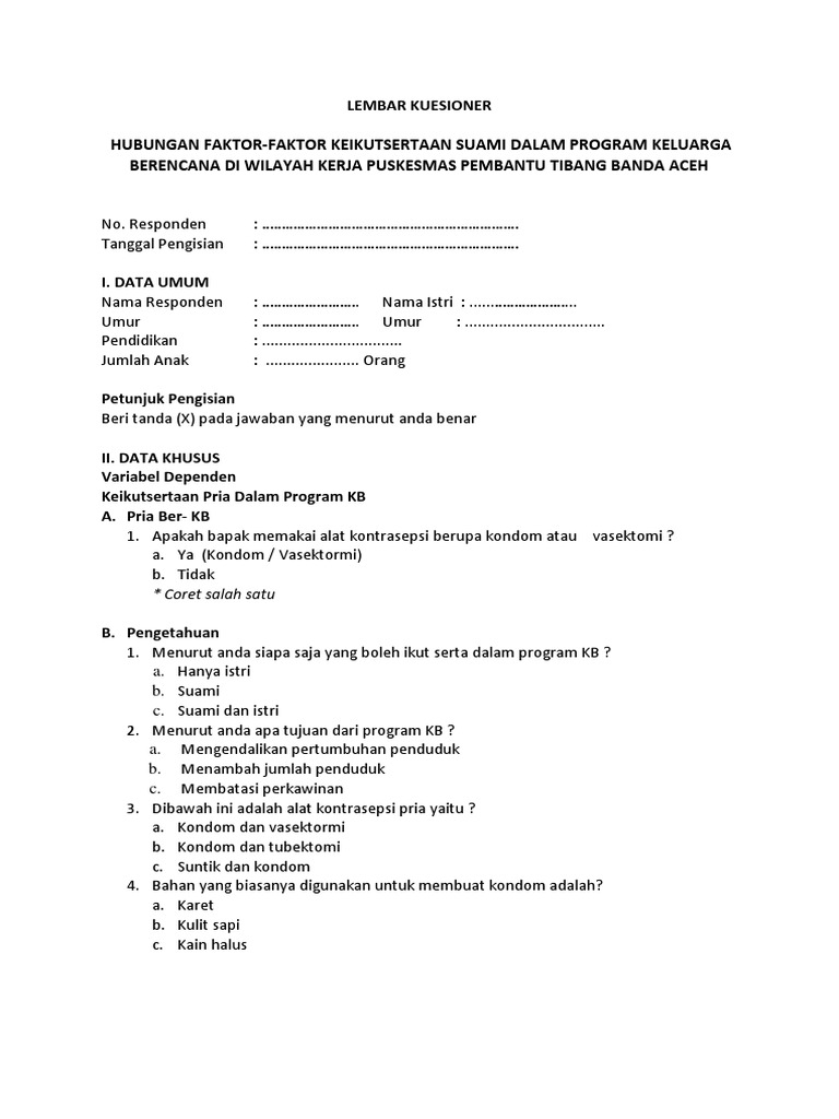 Kuesioner KB Pria | PDF