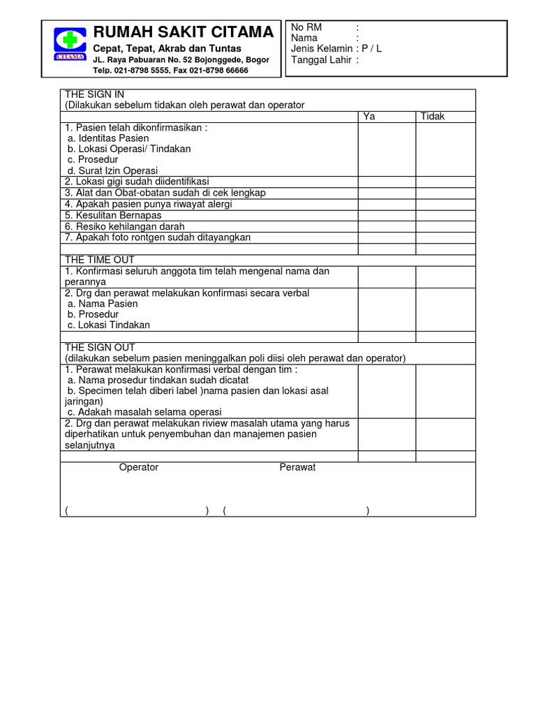 Formulir Time Out Keselamatan Gigi Cek List | PDF