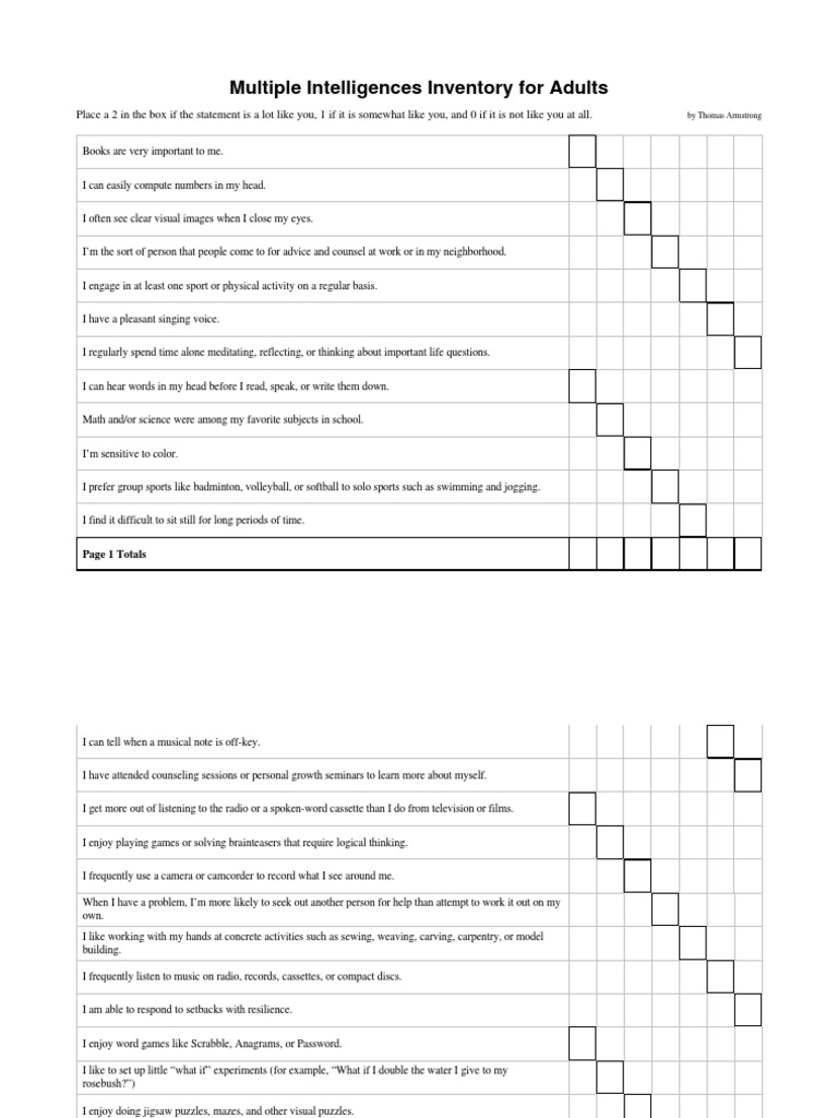Multiple Intelligences Inventory For Adults | PDF | Hobbies | Teaching ...