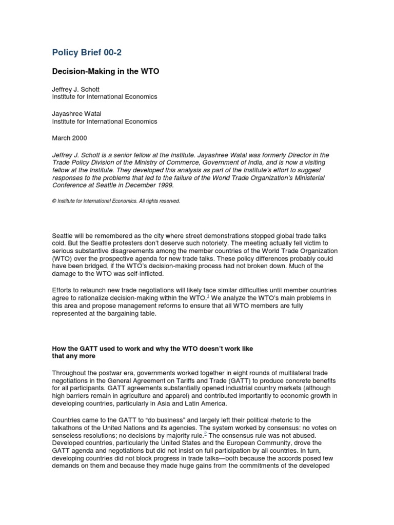 Policy Brief 00-2: Decision-Making in The WTO | PDF | World Trade ...