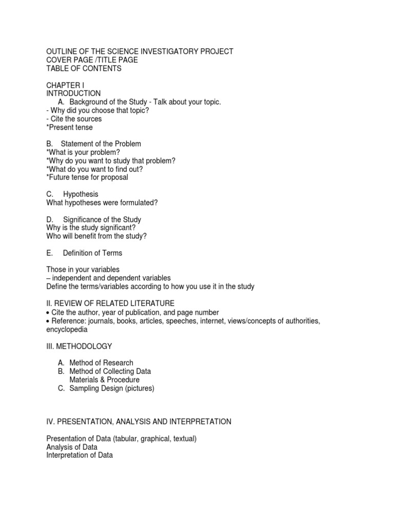 Science Investigatory Project Outline | PDF | Hypothesis | Communication