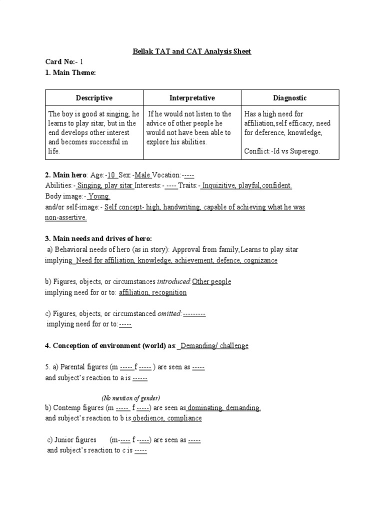 Story 1 Bellak TAT FORM | Id | Psychological Theories