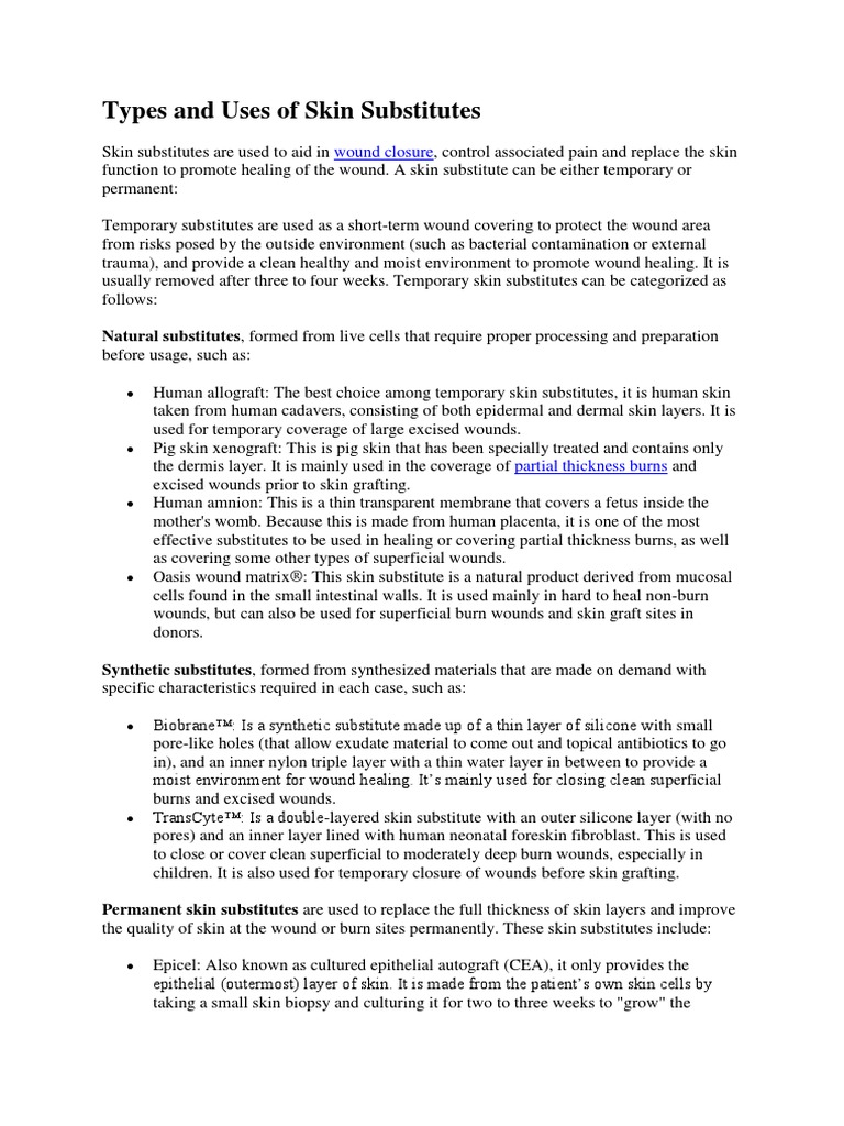 Types and Uses of Skin Substitutes: Wound Closure | PDF | Skin | Wound