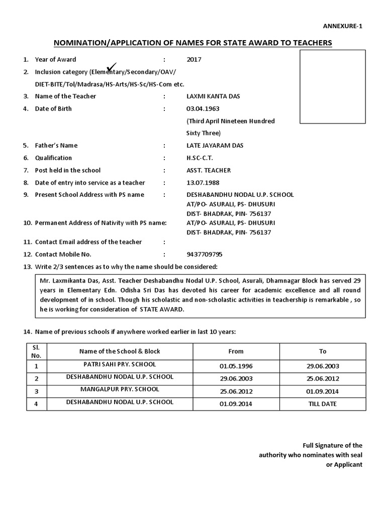 Nomination/Application of Names For State Award To Teachers: Annexure-1 ...