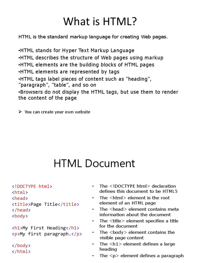 What Is Html Html Is The Standard Markup Language For Creating Web Pages Pdf Html Element
