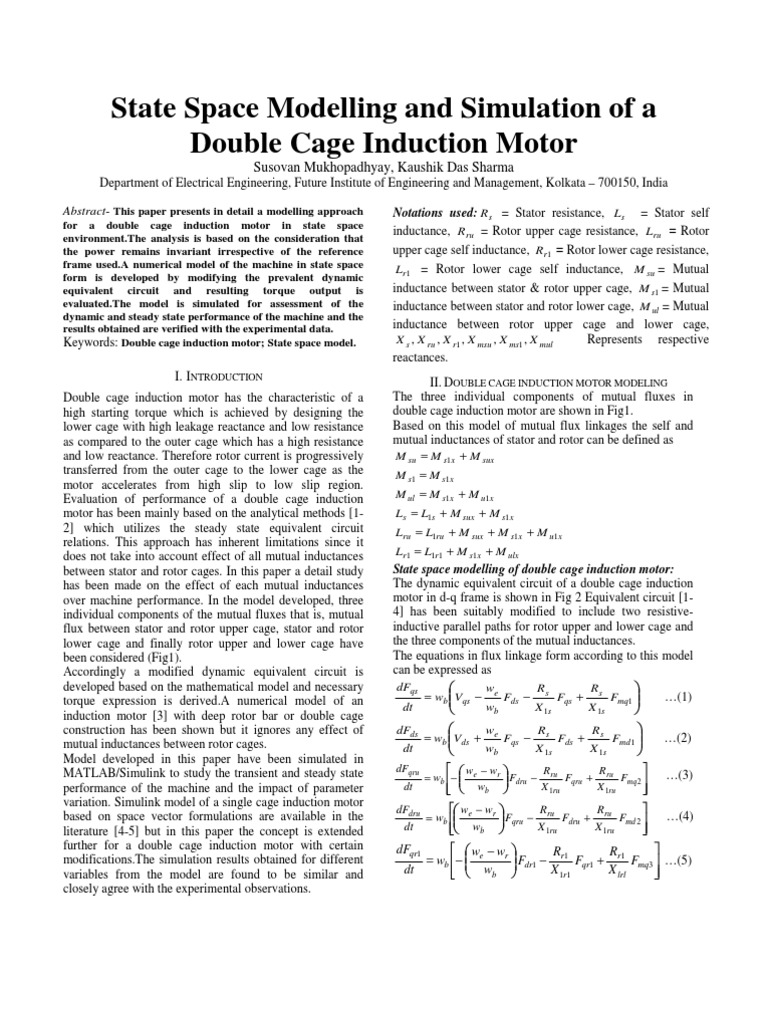 State Space Modelling and Simulation of A Double Cage Indu | PDF ...