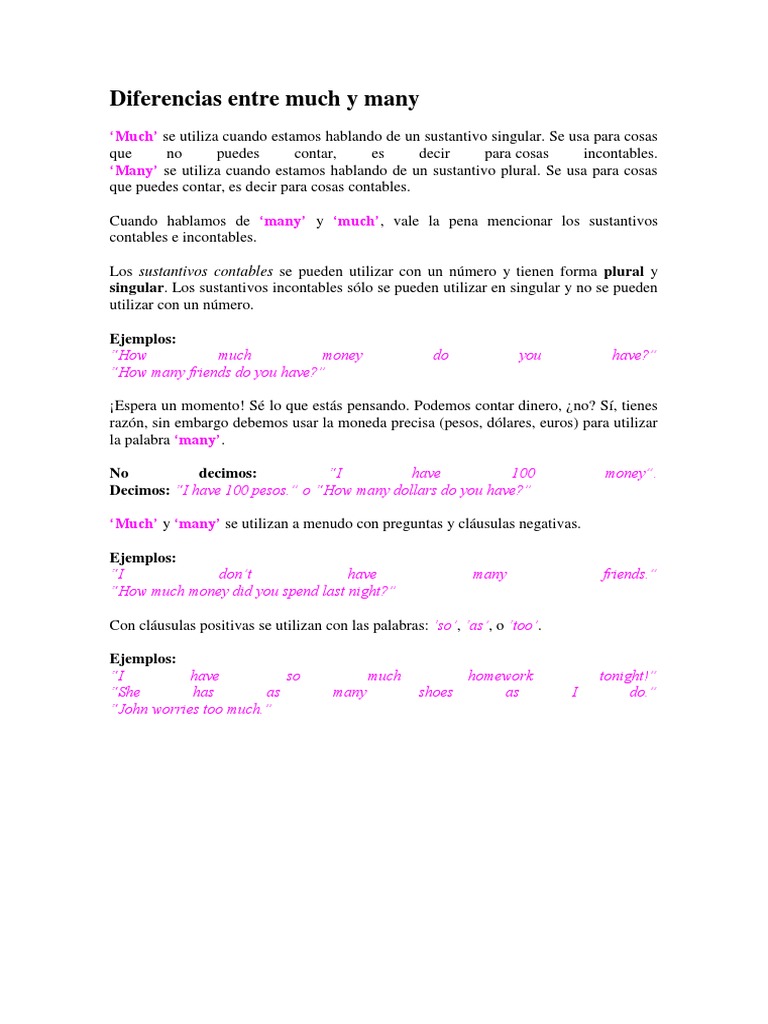 Uso de "Much" y "Many" en Inglés | PDF | Sustantivo