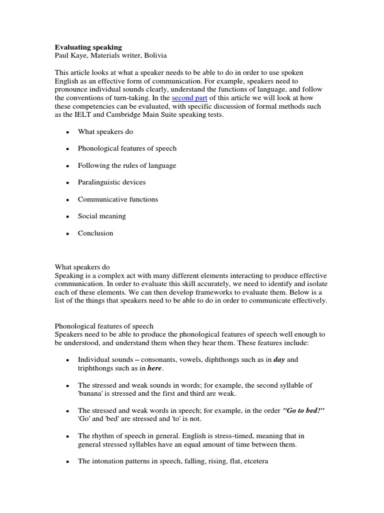Evaluating Speaking: Second Part | PDF | Human Voice | Oral Communication
