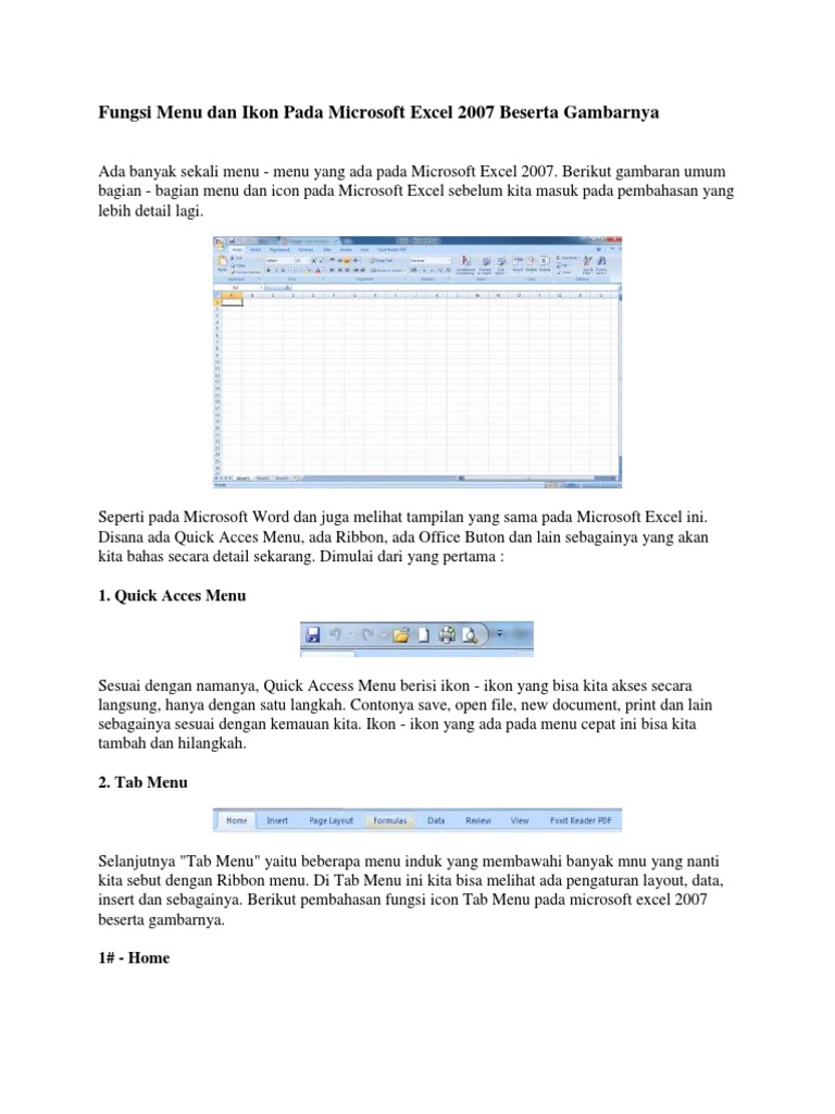 Fungsi Menu Dan Ikon Pada Microsoft Excel 2007 Beserta Gambarnya