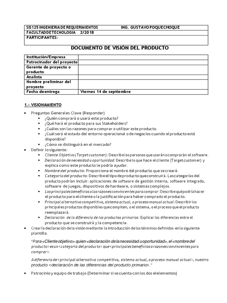Documento de Visión Del Producto Plantilla | PDF | Caso de uso | Software