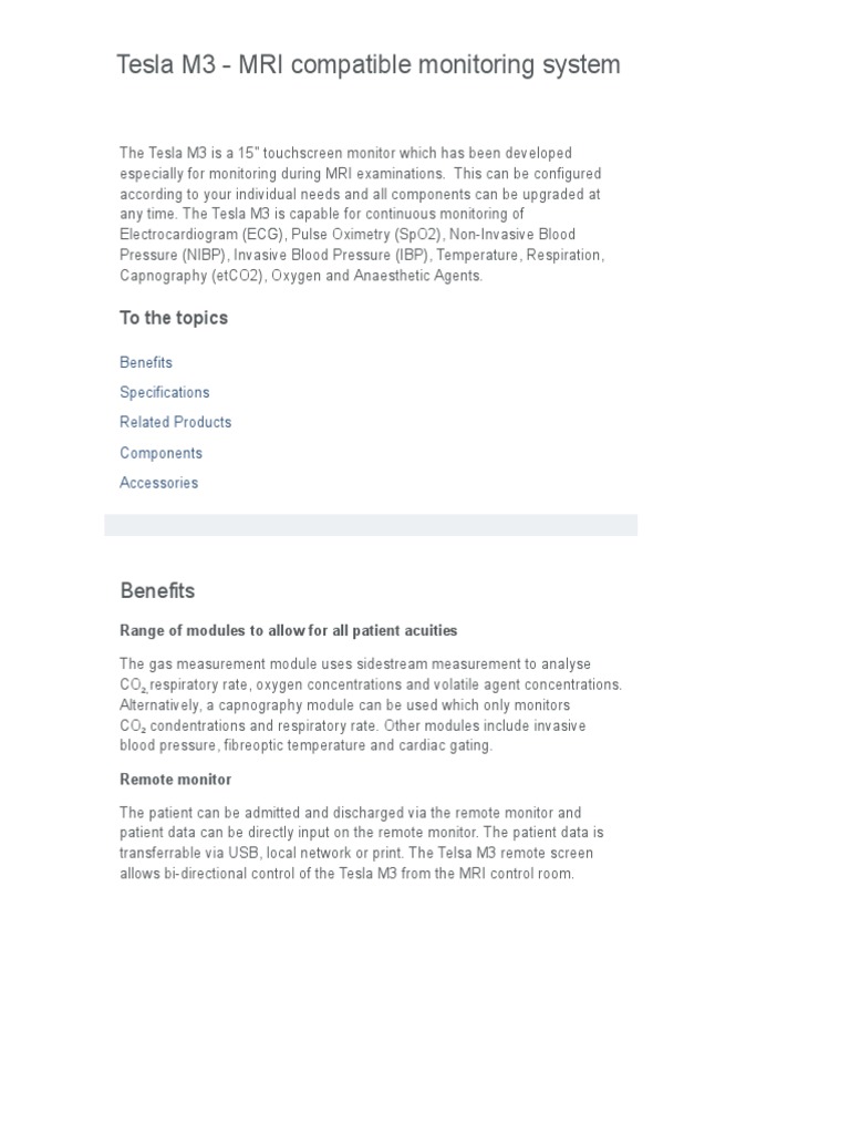 Tesla M3 - MRI Compatible Monitoring System | PDF | Touchscreen ...