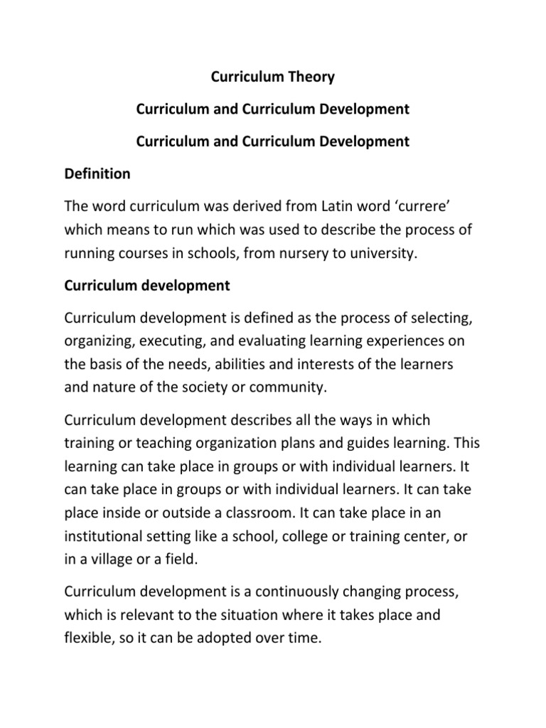 Curriculum Theory Curriculum and Curriculum Development Curriculum and ...