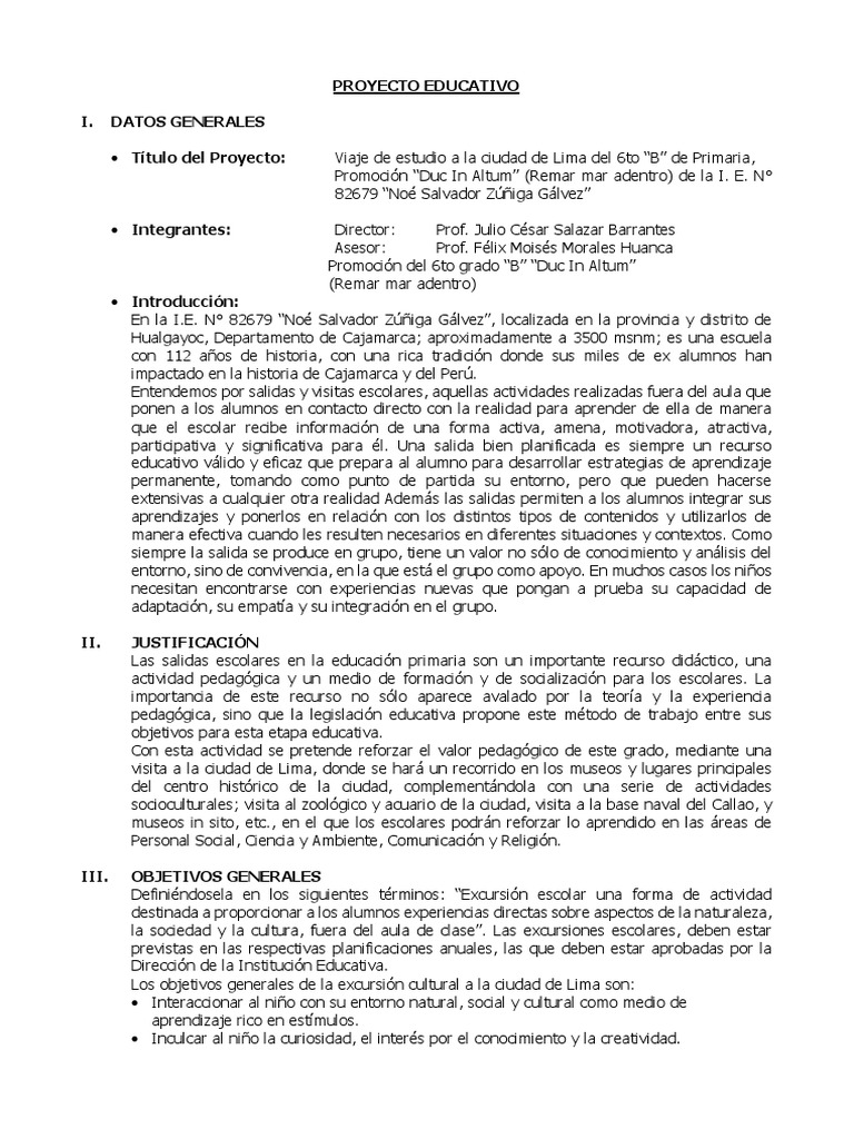 Proyecto Viaje Educativo | PDF | Educación primaria | Lima