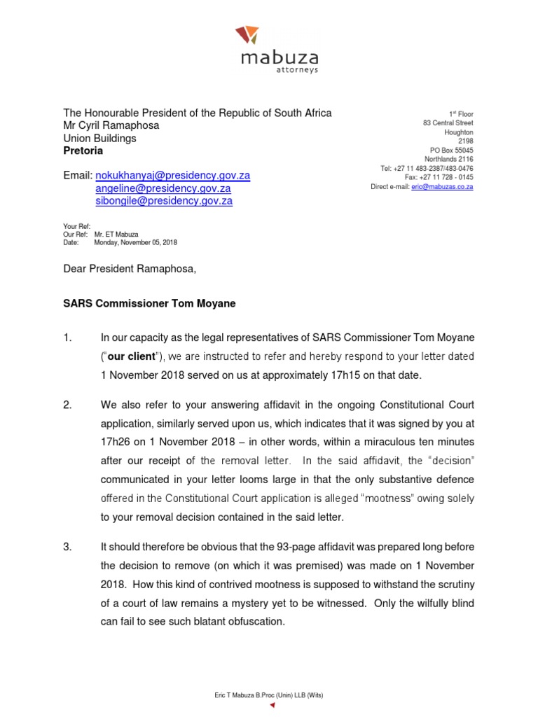 Letter to President Ramaphosa from former Sars boss Tom Moyane ...