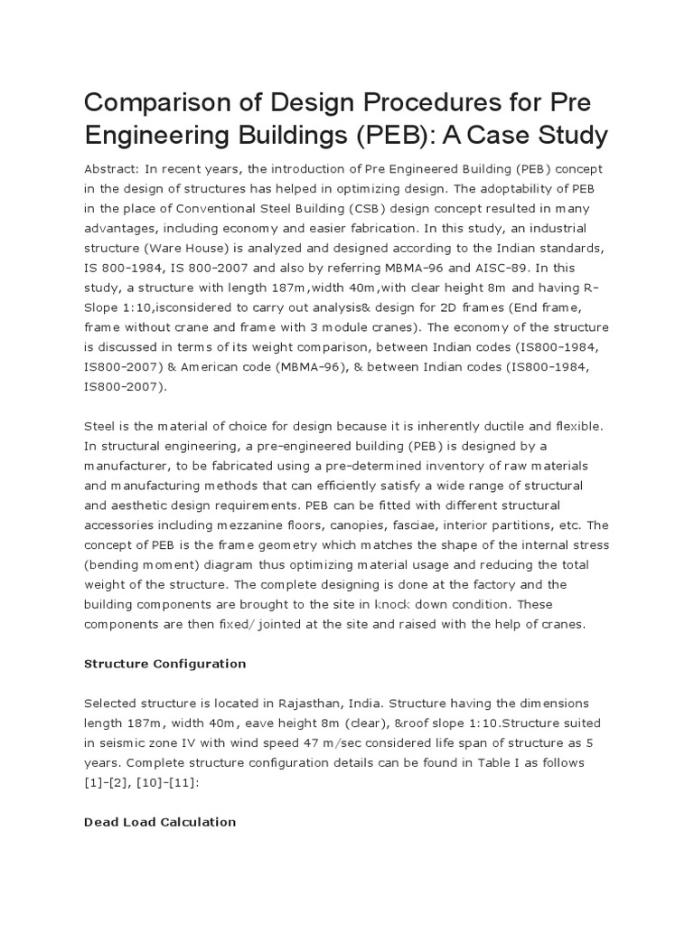 Comparison of Design Procedures For Pre Engineering Buildings (PEB) : A Case Study | PDF ...