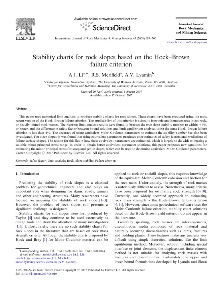 Stability Charts For Rock Slopes Based On The Hoek-Brown Failure ...