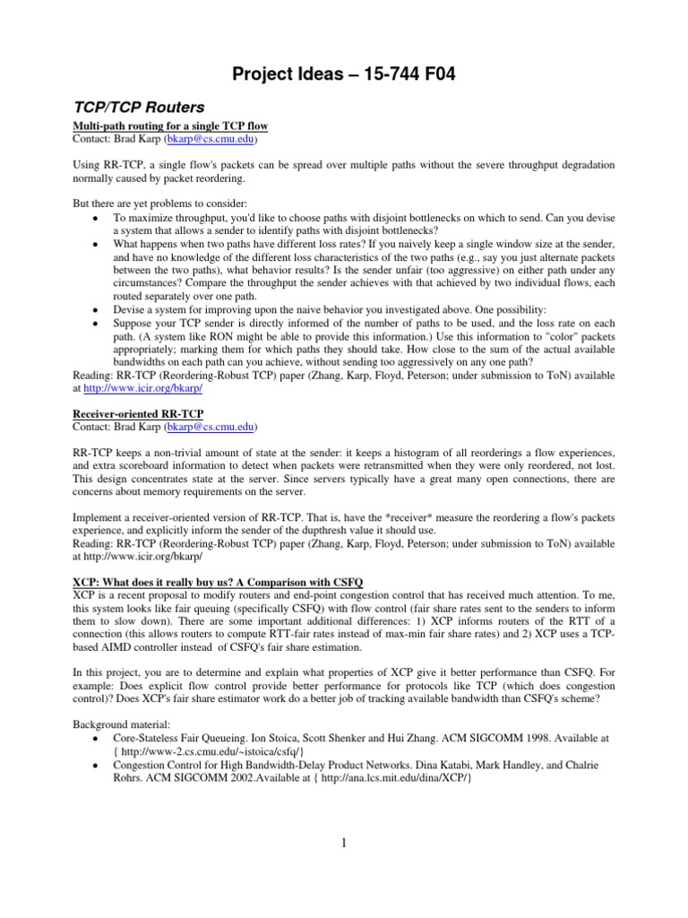 Project Ideas - 15-744 F04: TCP/TCP Routers | PDF | Peer To Peer | Computer Network