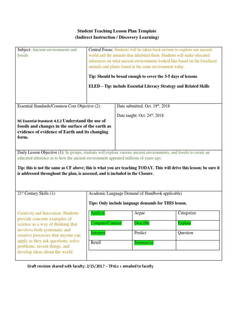 Student Teaching Lesson Plan Template (Indirect Instruction / Discovery ...