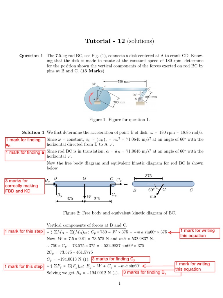 Tutorial - 12 (Solutions) : Question 1 The 7.5-kg Rod BC, See Fig. (1), Connects A Disk Centered ...