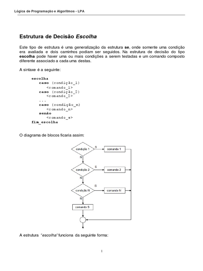 Estrutura Switch Portugol | Download grátis PDF | Algoritmos | Lógica