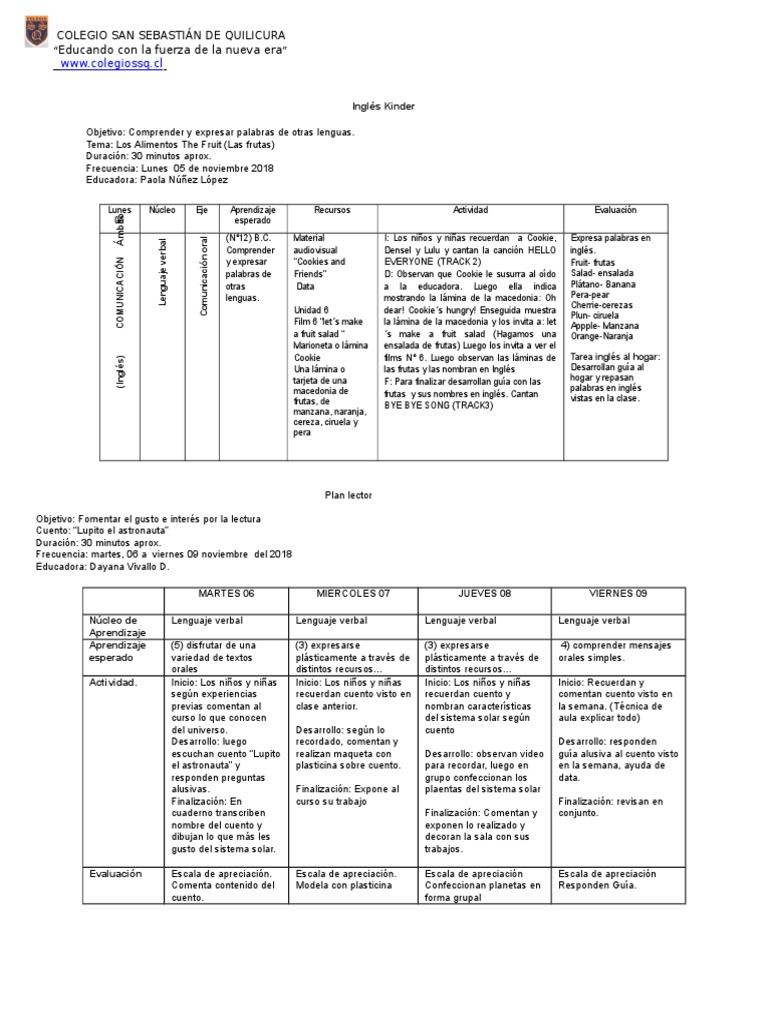 Planificación Inglés y Plan Lector Kinder Noviembre 2018 | PDF | Dibujo ...