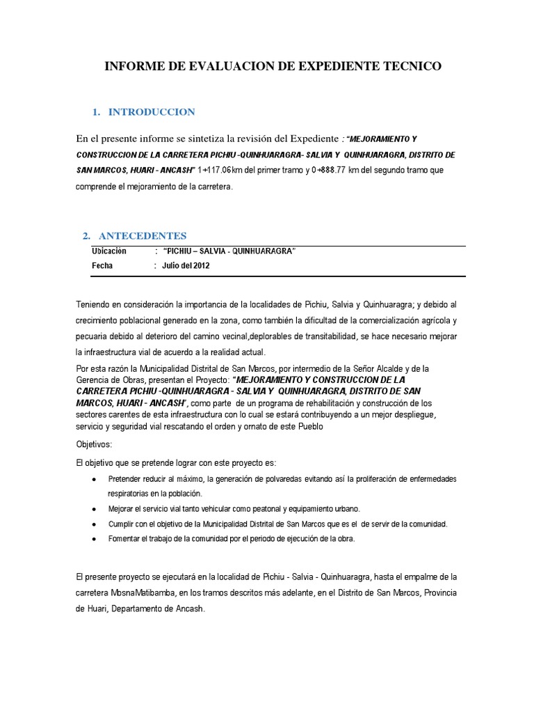 Informe de Evaluacion de Expediente Tecnico | PDF | Presupuesto | La carretera