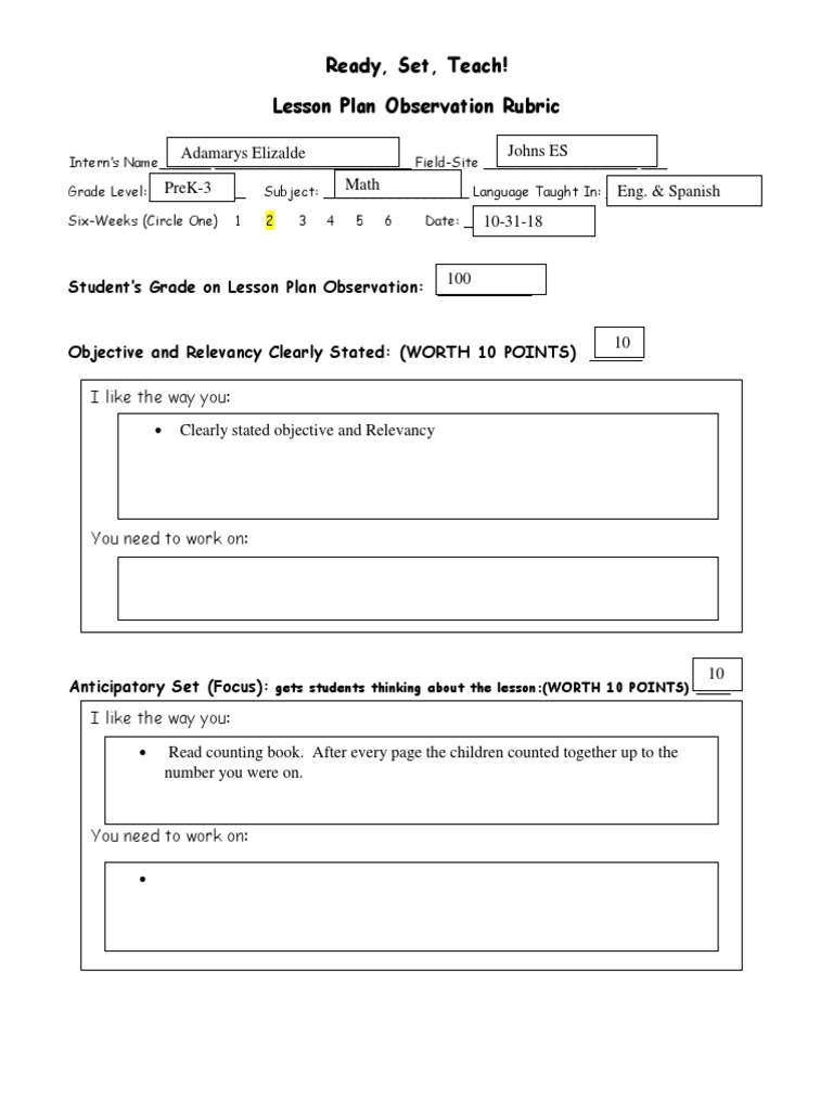 Ready, Set, Teach! Lesson Plan Observation Rubric | PDF | Classroom ...