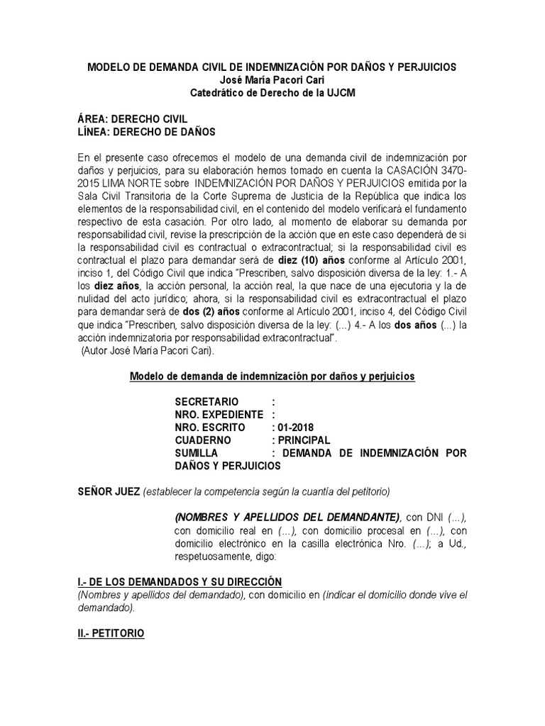 Modelo de Demanda Civil de Indemnizacion Por Danos y Perjuicios ...