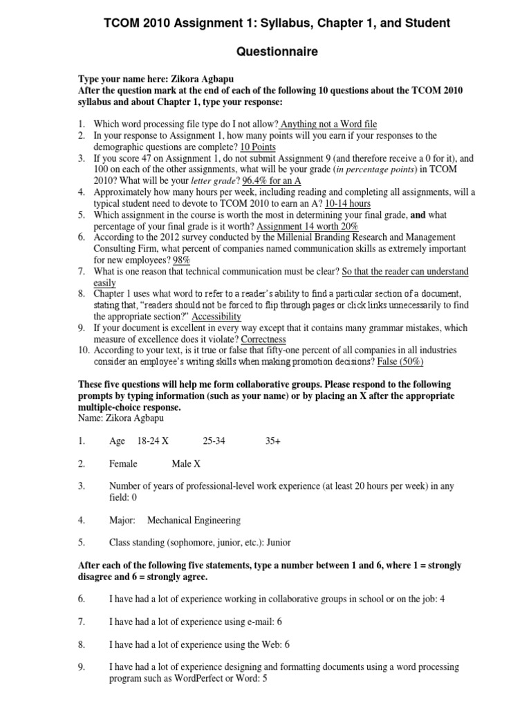 TCOM 2010 Assignment 1: Syllabus, Chapter 1, and Student Questionnaire | PDF | Behavior ...
