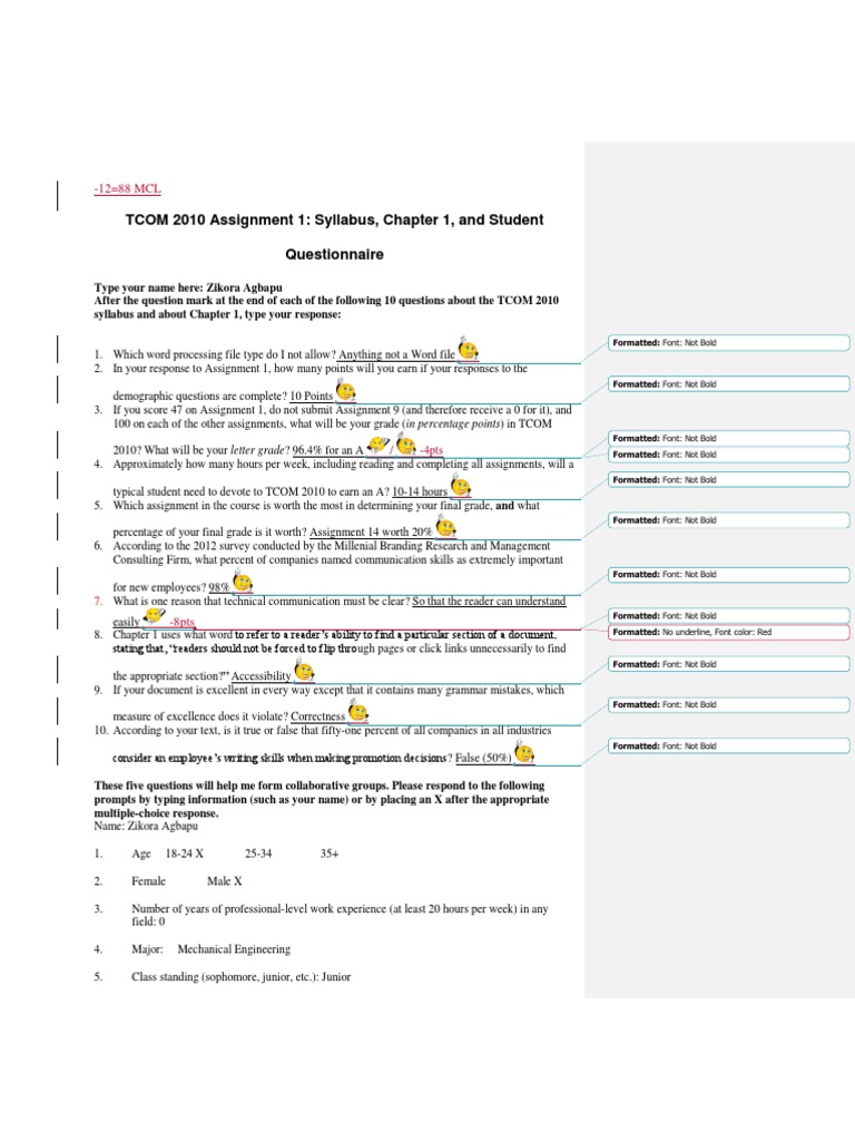 TCOM 2010 Assignment 1: Syllabus, Chapter 1, and Student Questionnaire | PDF | Behavior ...