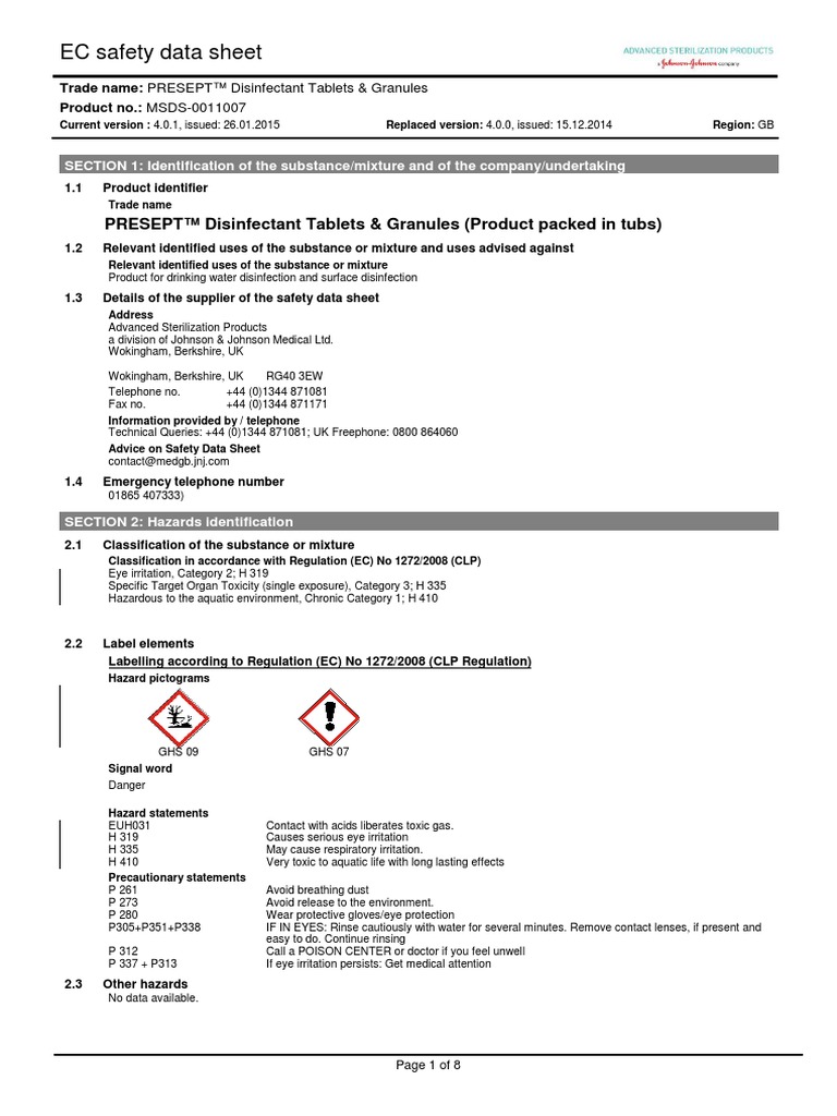 MSDS Presept | Dangerous Goods | Chlorine