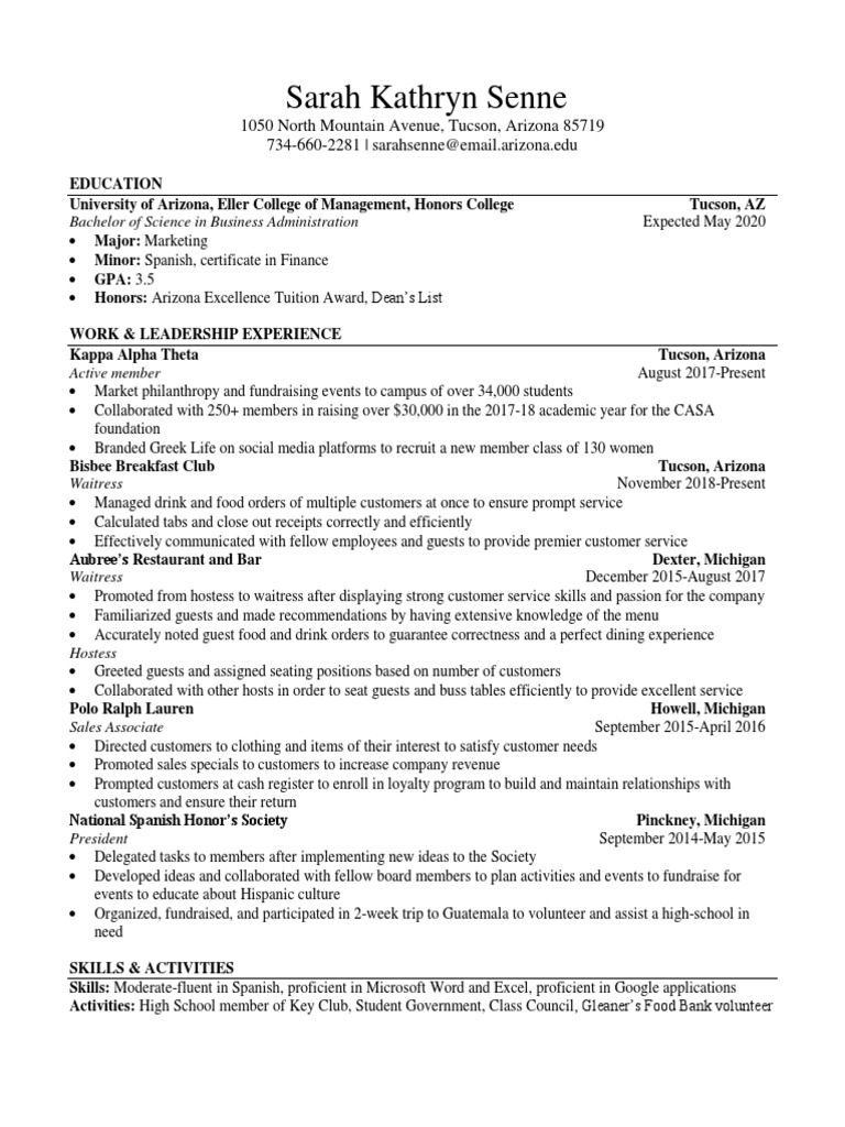 Sarah Senne Final Resume | PDF | Waiting Staff | Business