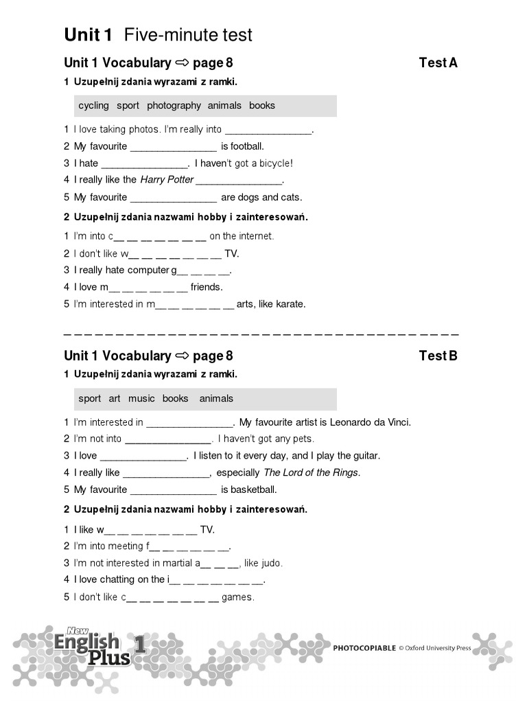 New English Plus 1 Five-Minute Tests 1 PDF | PDF | Leisure